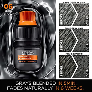 L’Oreal Paris Men Expert One Twist Mess Free Permanent Hair Color, Mens Hair Dye to Cover Grays, Easy No Mix Ammonia Free Application, Light Brown 06, 1 Application Kit