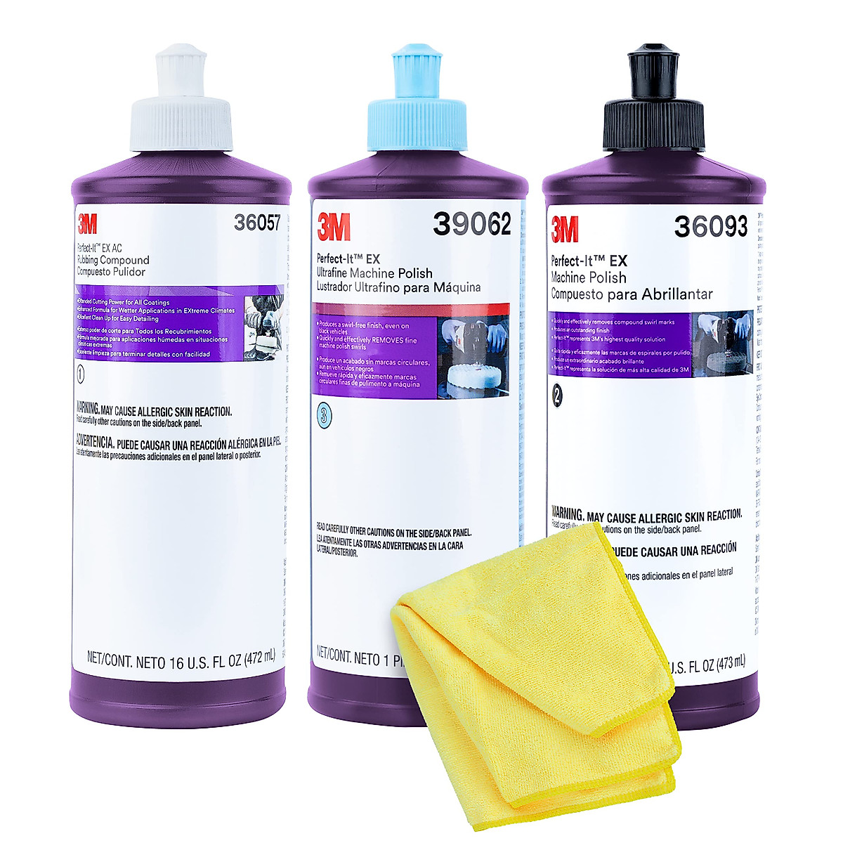 3M Perfect It Buffing and Polishing Kit | 36057 39062 36093 3M Pint Rubbing Compound, Machine Polish, Ultrafine Polish | Buffing Compound, Car Polishing Kit | with Kangaroobands Microfiber Cloth