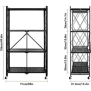 XMSound 4-Tier Foldable Storage Shelves with 12 Hooks, No Assemble Needed Wide Folding Metal Shelf with Caster Wheels for Garage Kitchen Home Closet Office