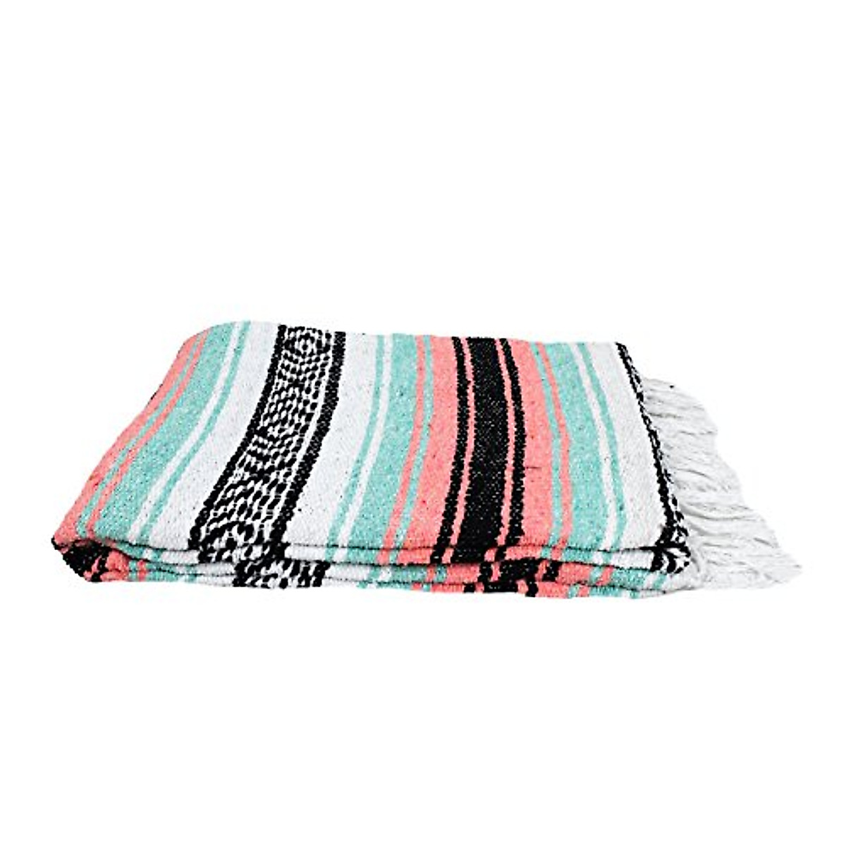 Open Road Goods Teal and Coral Mexican Blanket - Authentic Mexican Falsa Serape - Great Yoga Blanket, Beach Blanket, Picnic Blanket, or Mexican Style Home Throw! Handwoven (Mint and Peach)