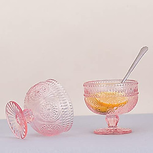 Vintage Glass Dessert Bowls Set of 6-11.5 oz Pink Embossed Glass Ice Cream Bowls for Salad, Candy Cake, Fruit,Trifle,Cocktail