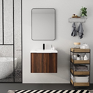 24-Inch Wall Mounted Bathroom Vanity with Sink Combo Modern Single Bathroom Vanity Set with Top Resin Sink & Storage Cabinet Wood Hanging Bath Cabinet w/Resin Sink for Bathroom (Walnut-24 Inch)