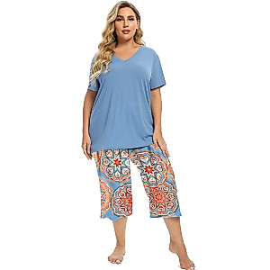 Vozanet Women's V Neck Sexy Pajamas Capri Sets Mexican Style Floral Sleepwear 2PCS Totem Casual Nighty Plus Size M to 5XL, Bohemia, XXX-Large