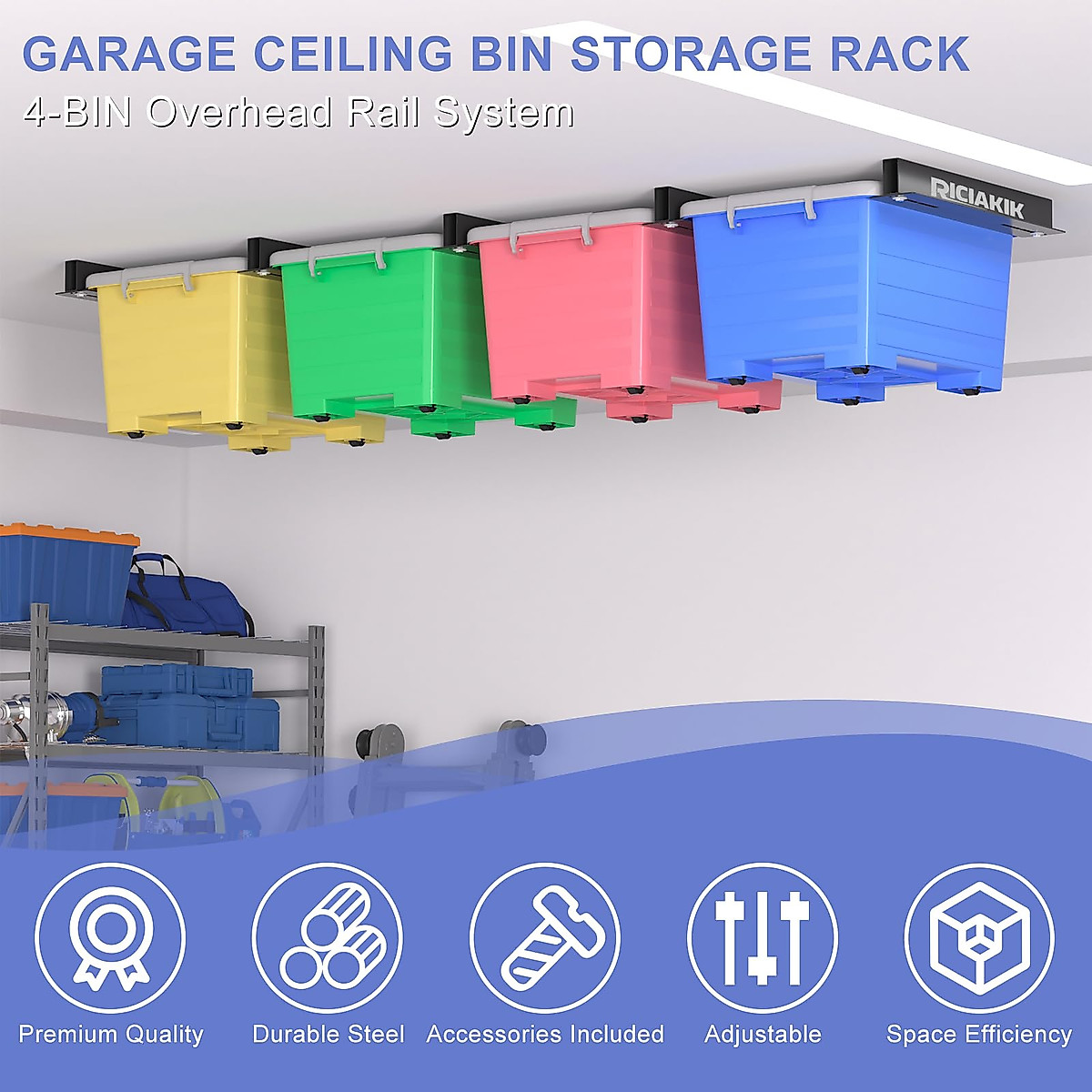 Overhead Garage Storage Rack, Ceiling Racks for Utility Bins, Heavy Duty Ceiling Storage Racks, Storage Bins Organization Ceiling Rack Storage Rails System (5 Pack for 4 Bins, Bins are Not Included)
