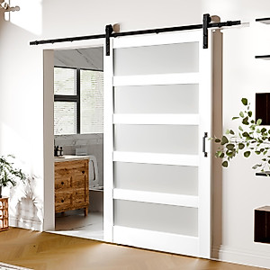 ARKHJEM Frosted 5 Panel Glass Sliding Barn Door 42''×84'' Barn Door, Hardware Kit Included, Assembly Needed, Water-Proof PVC Surface,Easy Installation for Living Room,White