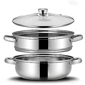 Stainless Steel Stack and Steam Pot Set - and Lid,Steamer Saucepot double boiler-2 Tier Steamer Pot Steaming Cookware -Steamer Pot Glass Lid Food Veg Cooker Pot Cooking Pan For Kitcken Cooking Tool
