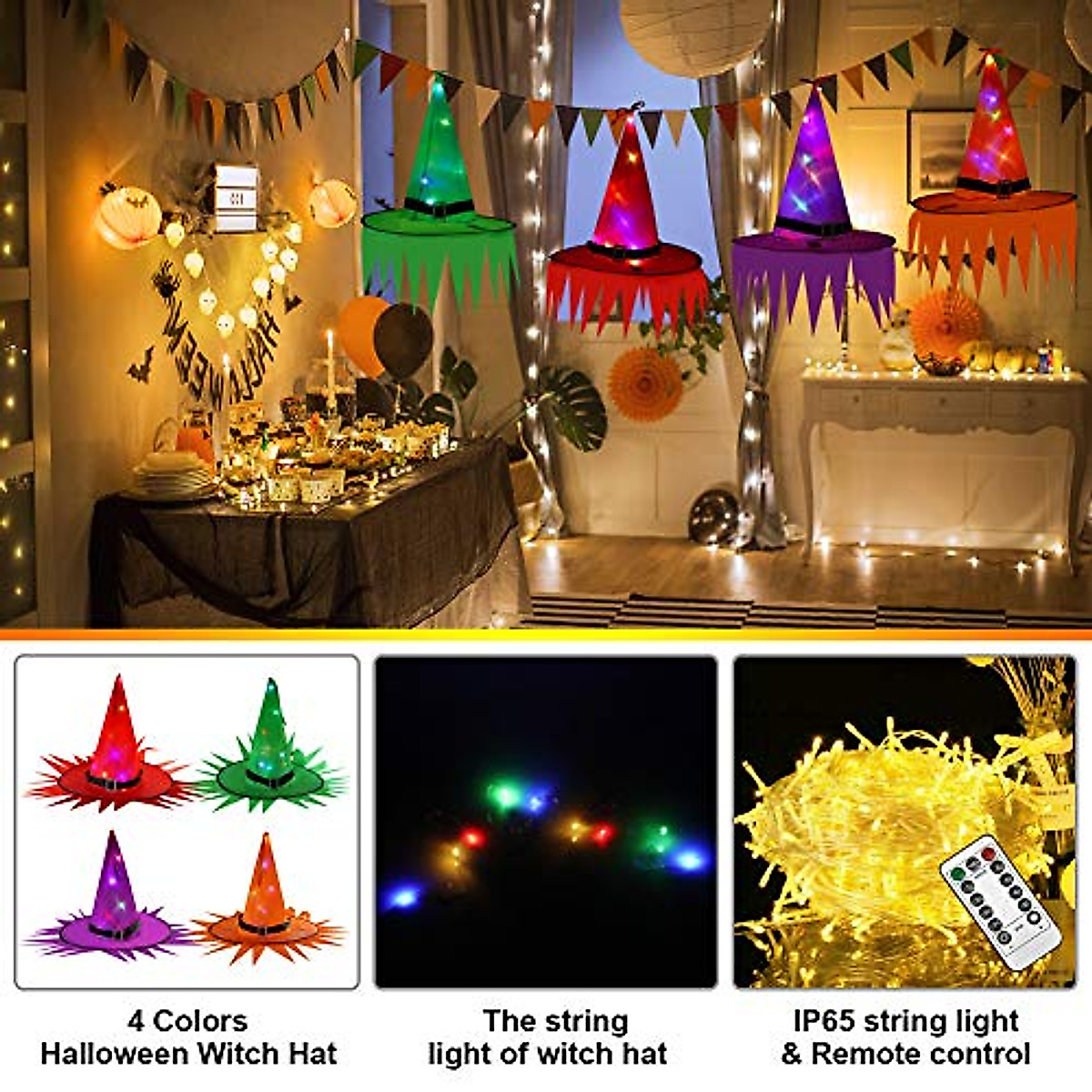 AERZETIX Halloween Witch Decorations Witch Hat String Lights, Halloween Witch Hat Decor 33ft 8 Lighting Modes Christmas Halloween Decorations Outdoor Indoor, Garden, Patio, Yard
