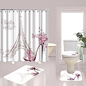 Amagical Paris Eiffel Tower Decor 16 Piece Bathroom Mat Rug Set Shower Curtain Set High Heeled Shoes and Pink Flower in Paris Pattern Bath Mat + Contour Mat + Toilet Cover + Shower Curtain + 12 Hooks