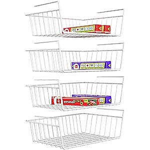 Under Shelf Basket, iSPECLE 4 Pack Under Cabinet Organizer Easy to Install and Use Versatile Metal Pantry Organizer Add Storage to Kitchen Cabinet Pantry Cupboards and Shelves, White