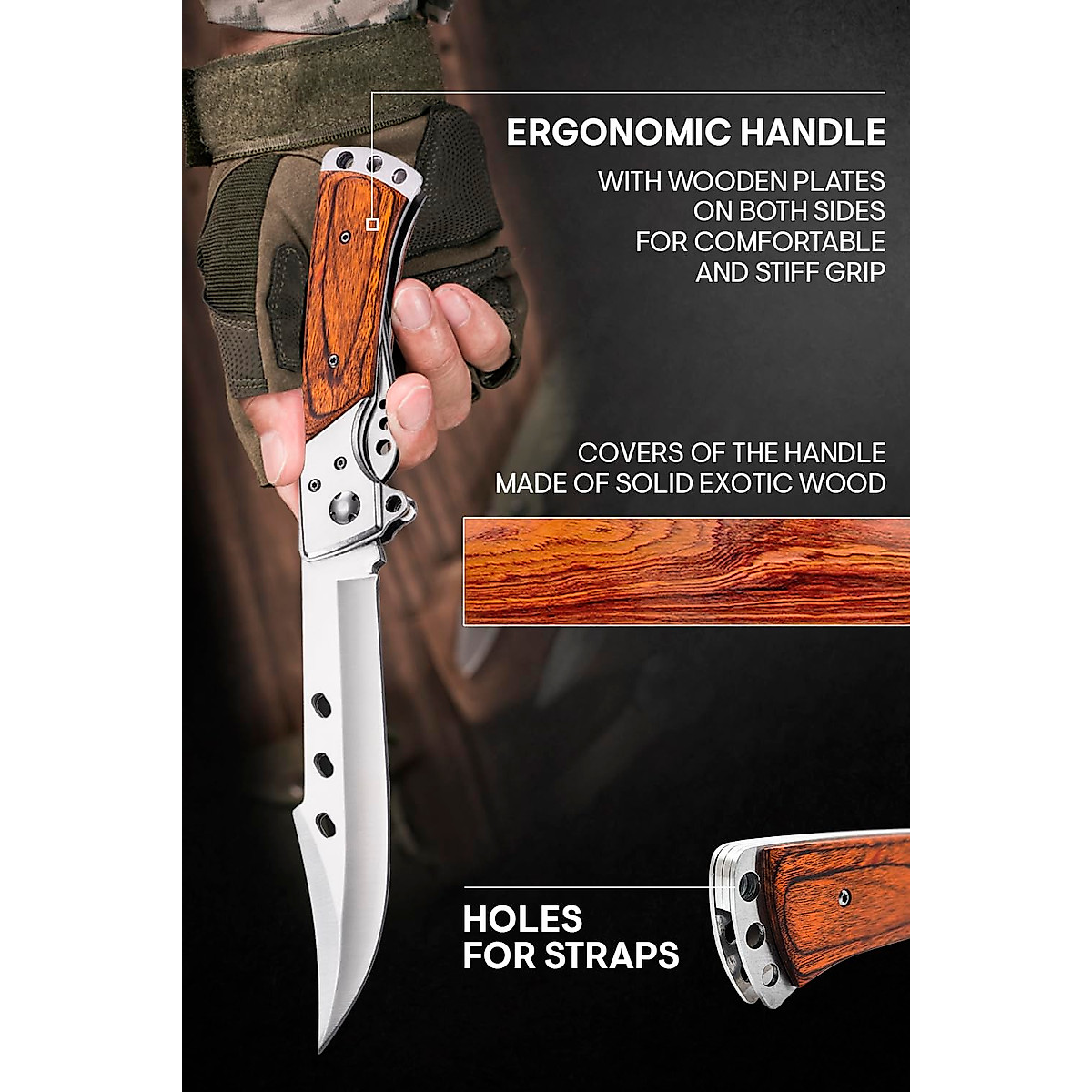 Long Blade Folding Knife - Sharp Hunting Hiking Camping Tactical Survival Work Knives for Men Women - Foldable Large Knife with Rosewood Handle - Fits any Knife Sharpener - Father s Day Gifts 4172