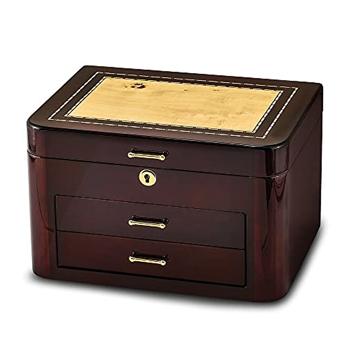 Diamond2Deal Burgundy Bubinga Wood Veneer 2 Drawers Jewelry Box for Women