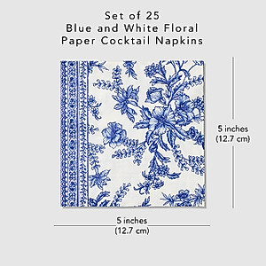 Coterie Blue Floral Paper Cocktail Napkins (Set of 25) | Beautiful Blue and White Toile Fancy Paper Napkins For Bridal and Baby Shower, Tea Party, Garden Party, Birthday Party | 5” Paper Napkins