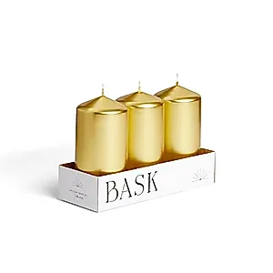 Metallic Cone Top Pillar Candles by Bask - Set of 3-3" x 6" Dripless Unscented Holiday Candles in Metallic Gold for Home Decor, Relaxation & All Occasions