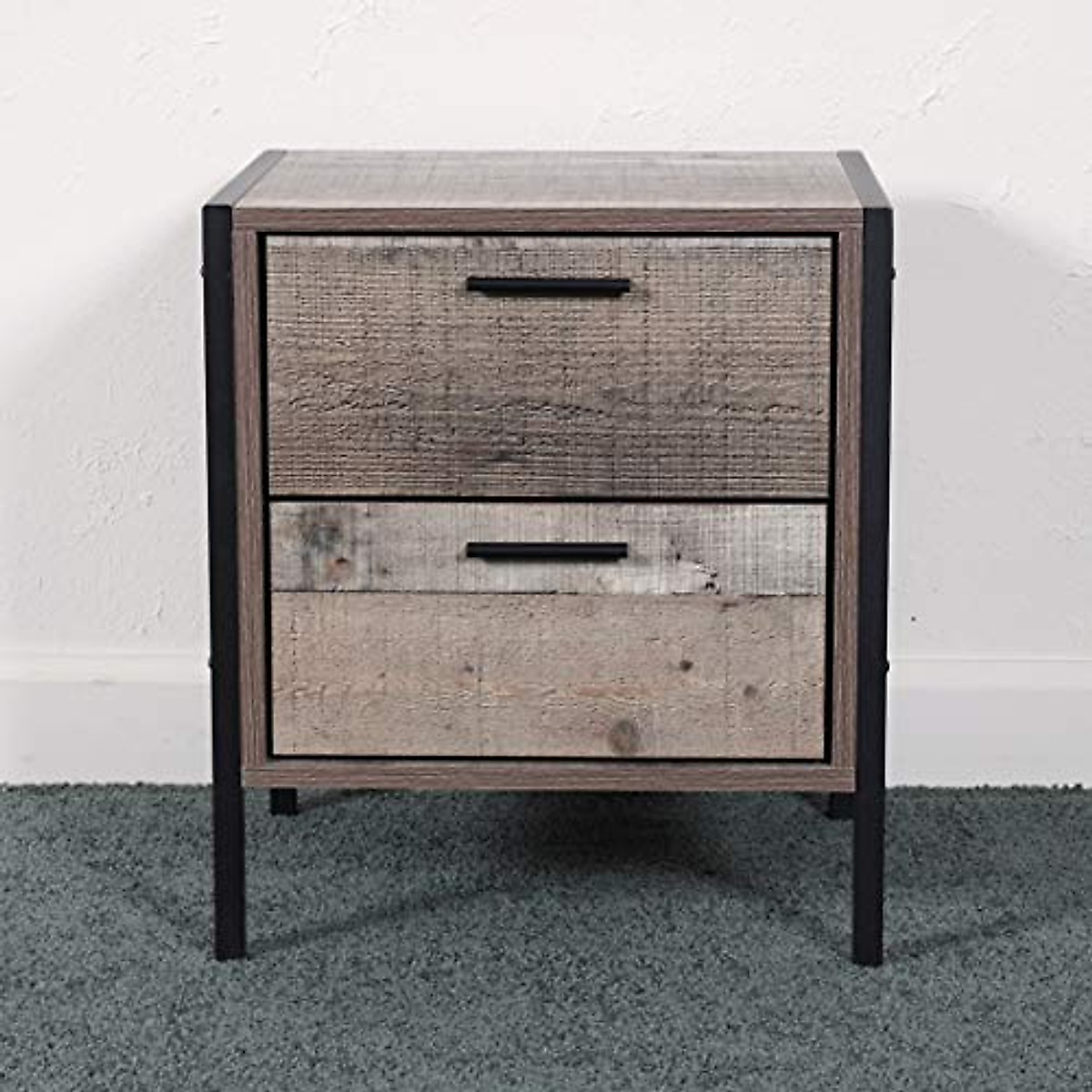 OS Home and Office Furniture Model Two Drawer Metal Frame and Legs night stand, Rustic Reclaimed Barnwood Laminate
