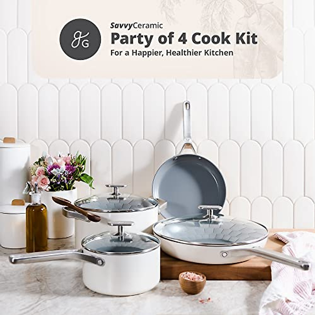 Greater Goods Party of Four Cook Kit - 10 Piece Nonstick Cookware Set for a Complete Kitchen | Non Toxic, Teflon Free Pots and Pans Work on All Cooking Surfaces, Even Induction (Birch White)
