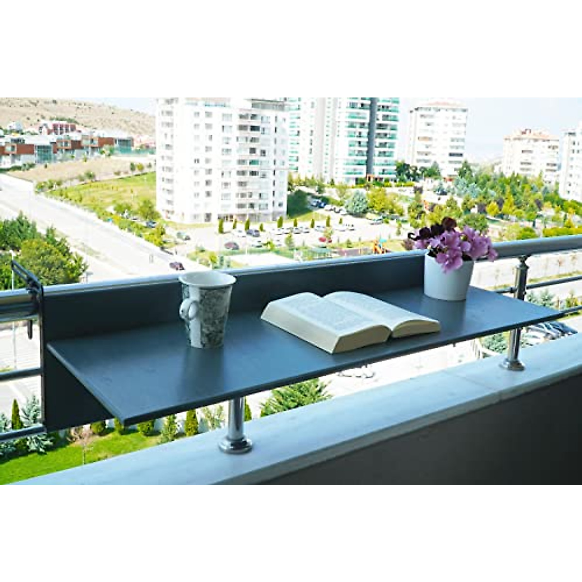 Balcony Bar Table for Railings, Outdoor Folding Deck Rail Table for Patio, Balcony Hanging Desk for Many Railings Compatible, Wooden Bar Serving Table for Porch (Grey, XL: 47.3 x 11.8 inches)