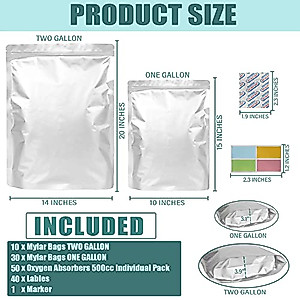 40 Pack Mylar Bags with Oxygen Absorbers 500cc(50*1 Pack) & Labels(40pcs), Mylar Bags 2 Gallon(10 pack) & 1 Gallon (30 pack) 14''x20'', 10''x14'' with thickness 4.7 Mil Each Side for Long Term Food Storage
