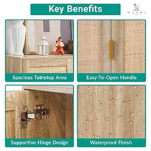 Naomi Home Valentina Accent Storage Cabinet with 2 Rattan Doors, Mid Century Natural Wood Sideboard Furniture Cabinet with Storage for Kitchen, Living Room