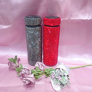 Bling Cup 17oz Rhinestone Water Bottle Glitter Tumbler Diamond Glitter Cups Studded Skinny Insulation Cup Sparkly with LED Number (white)