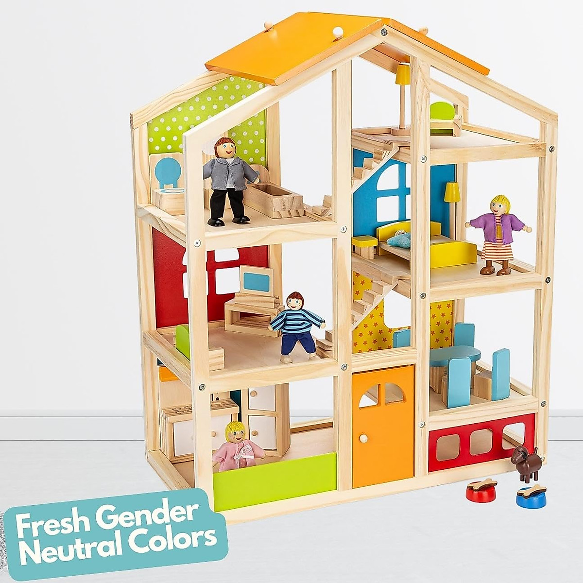 PIDOKO KIDS Skylar Wooden Dollhouse - Includes 20 Pcs Furniture Accessories, 5 Family Dolls and a Pet Dog - Wood Doll House for 3 4-5 Year Old Girls & Boys