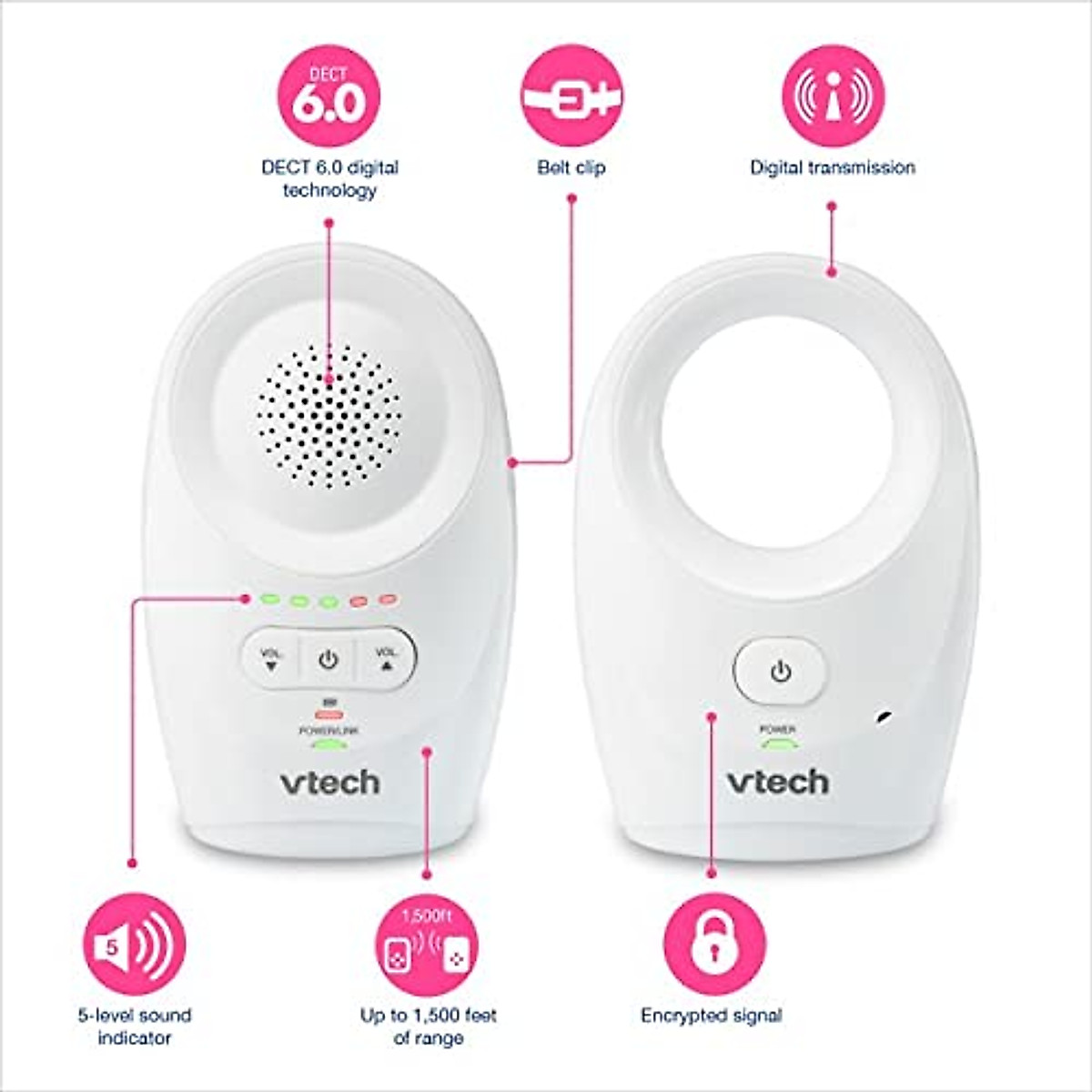 VTech DM1111, Enhanced Range Digital Audio Baby Monitor White (Renewed)