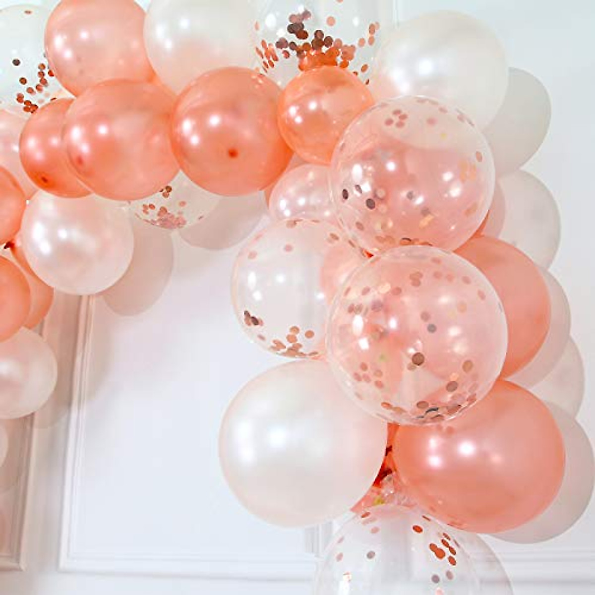 Larchio Rose Gold Balloon Arch Kit, Balloon Garland Rose Gold Confetti Balloons and White Balloons, Balloon Tie and Tape for Birthday Wedding Party Decoration
