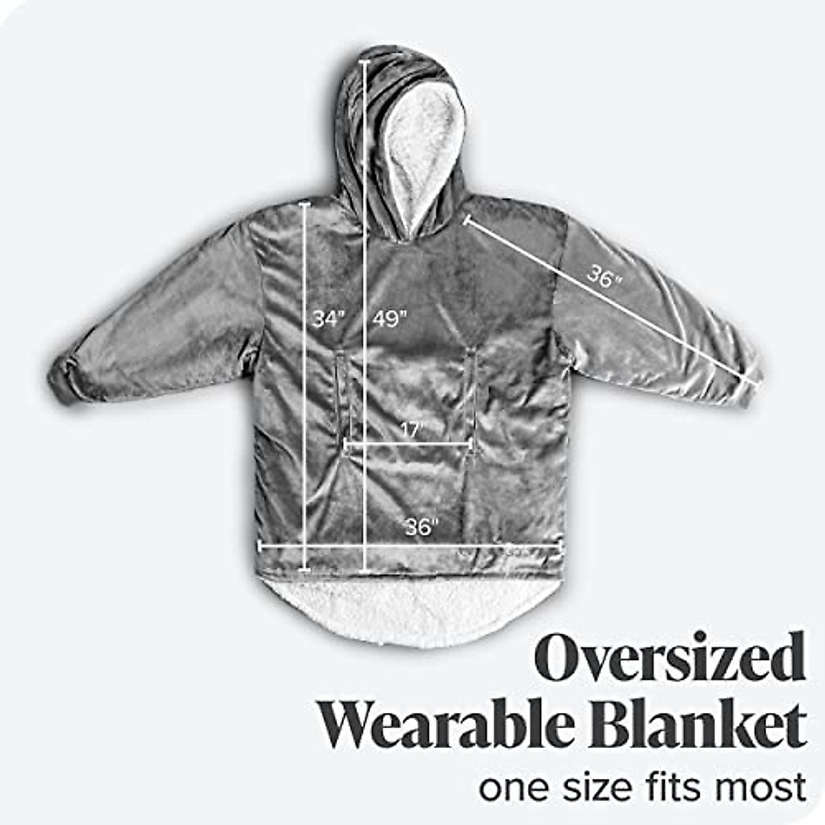 Bare Home Sherpa Fleece Wearable Blanket - Oversized Wearable Blanket Hoodie - Adult Size - Warm & Cozy - Soft Plush Blanket - Comfortable Blanket Sweatshirt with Dual-Sided Pocket (Adult, Grey)