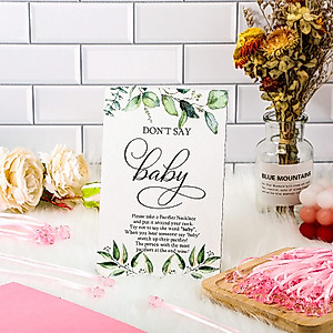 51 Pcs Don't Say Baby Game Sign Cool Baby Shower Game 50 Baby Shower Pacifier Necklace Wooden Don't Say Baby Sign Plastic Baby Pacifier Party Favor for Gender Reveal (Pink,Greenery)