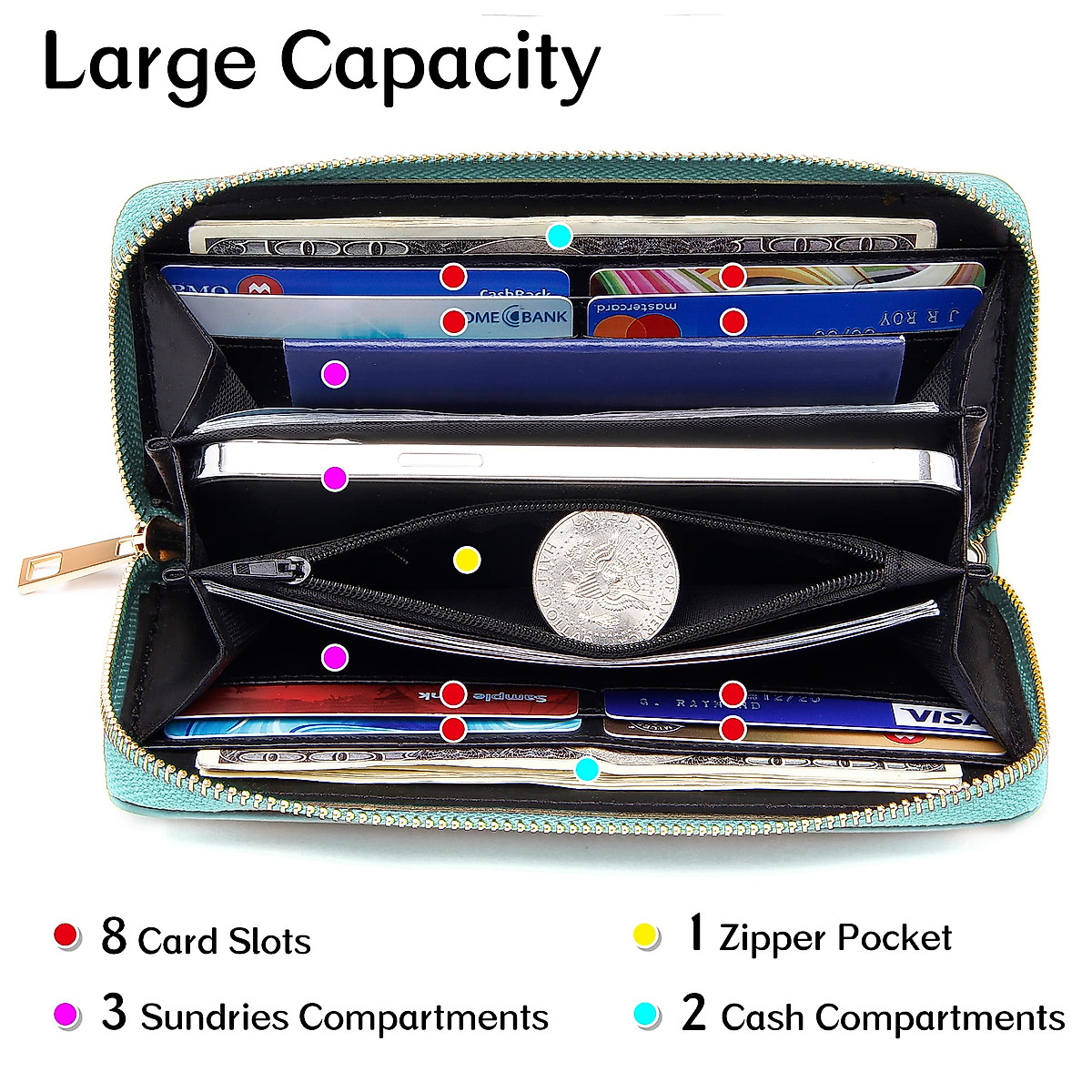 Badiya Women Rfid Blocking Leather Wallet Embossed Zip Around Clutch Purse with Wristlet