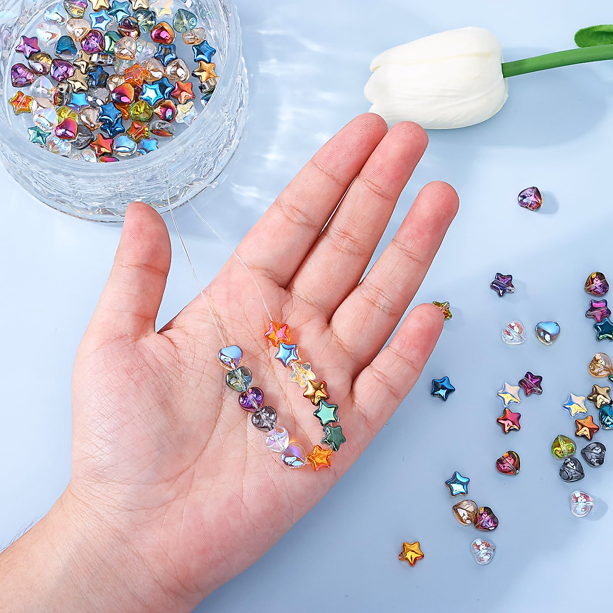 QUEFE 250Pcs Star Glass Spacer Beads Bulk AB Colorful 8mm Heart Beads for Jewelry Bracelet Necklace Making