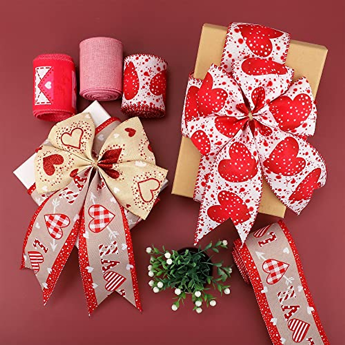 8 Rolls Heart Burlap Ribbon 2.5" Valentine's Day Ribbon Red Pink Buffalo Plaid Wired Edge Heart Love Ribbon for Gift Wrapping Wedding Anniversary Home Decor Floral Bows Wreath Craft and DIY, 40 Yards