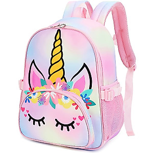 BTOOP Kids Backpack Girls School Backpack Preschool Kindergarten Unicorn Toddler BookBag with Chest Clip (Tie Dye headband)