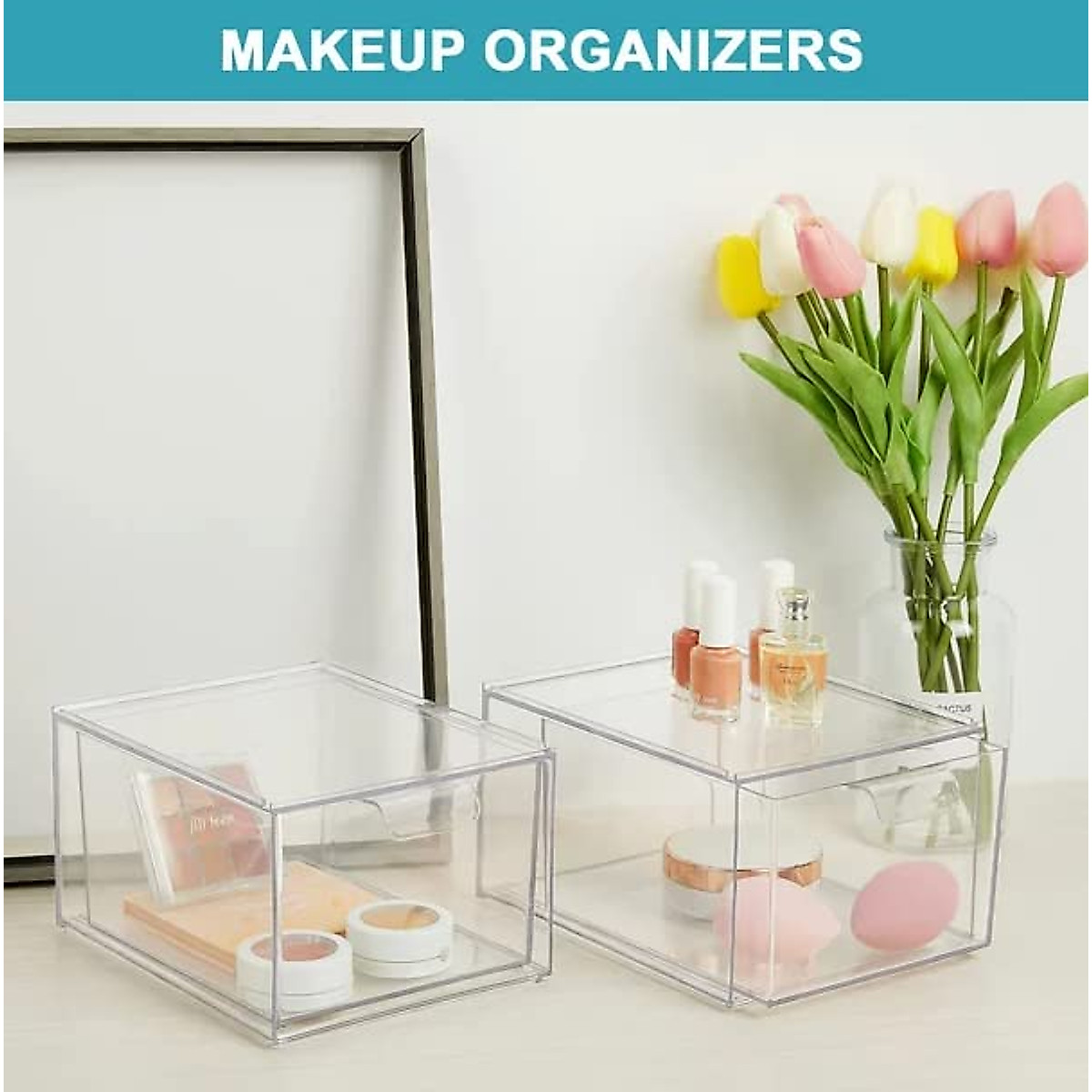Acrylic Makeup Organizer, 4.4'' Tall Bathroom Clear Plastic Storage Bins, Set of 2