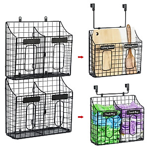 Dispenser Plastic Bag Holder With Detachable Grid Divider, Bag Saver Over the Cabinet Door Organizer with Nameplates for Trash Grocery Bags Cuttingboard Holder for Kitchen Storage Hanging&Wall Mounted