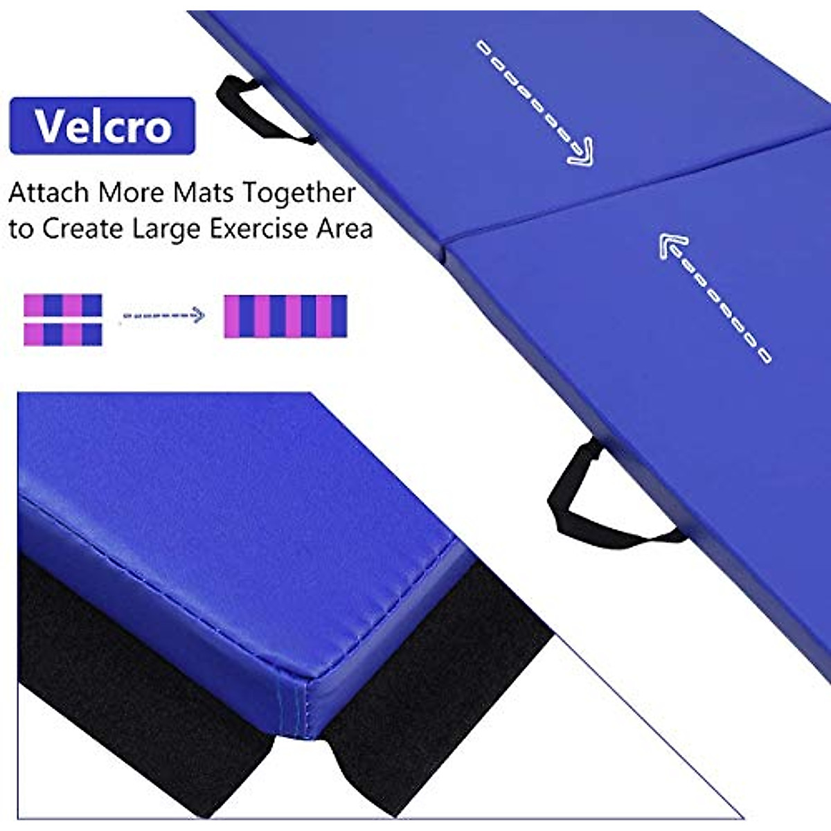 Reunion G 2" Thick Gymnastics Exercise Mat, 2-Fold Folding Gymnastics Tumbling Mat with Carrying Handles, Exercise Panel Mats with Hook & Loop Fasteners for Gym, Aerobics, Yoga, Martial Arts (Blue)