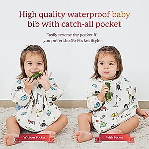 Long Sleeve Baby Bib for Boys and Girls w/Food Catcher Pocket - Waterproof, Wipe Clean, Machine Wash, Fast Drying Feeding Smock - Recycled Polyester - Animal Print Suitable for Babies to Toddlers