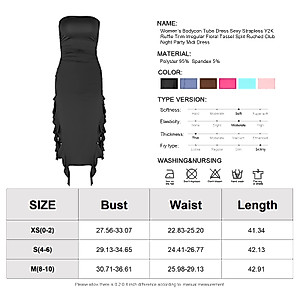 Women’s Bodycon Tube Dress Sexy Strapless Y2K Ruffle Trim Irregular Floral Tassel Split Ruched Club Night Party Midi Dress (as1, Alpha, s, Regular, Regular, Black)