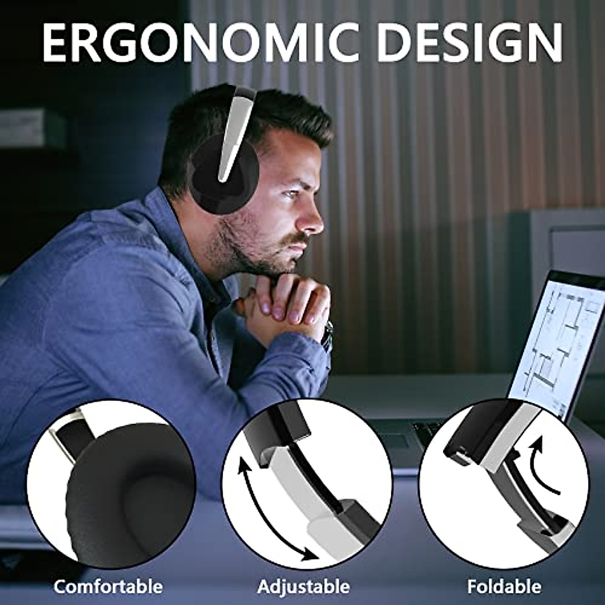 Over Ear Headphones Wireless Bluetooth Noise Cancelling Headphones with Mic, 40H Playtime, Comfortable Protein Ear Cups, HiFi Stereo Foldable Headset for Travel, Home, Office