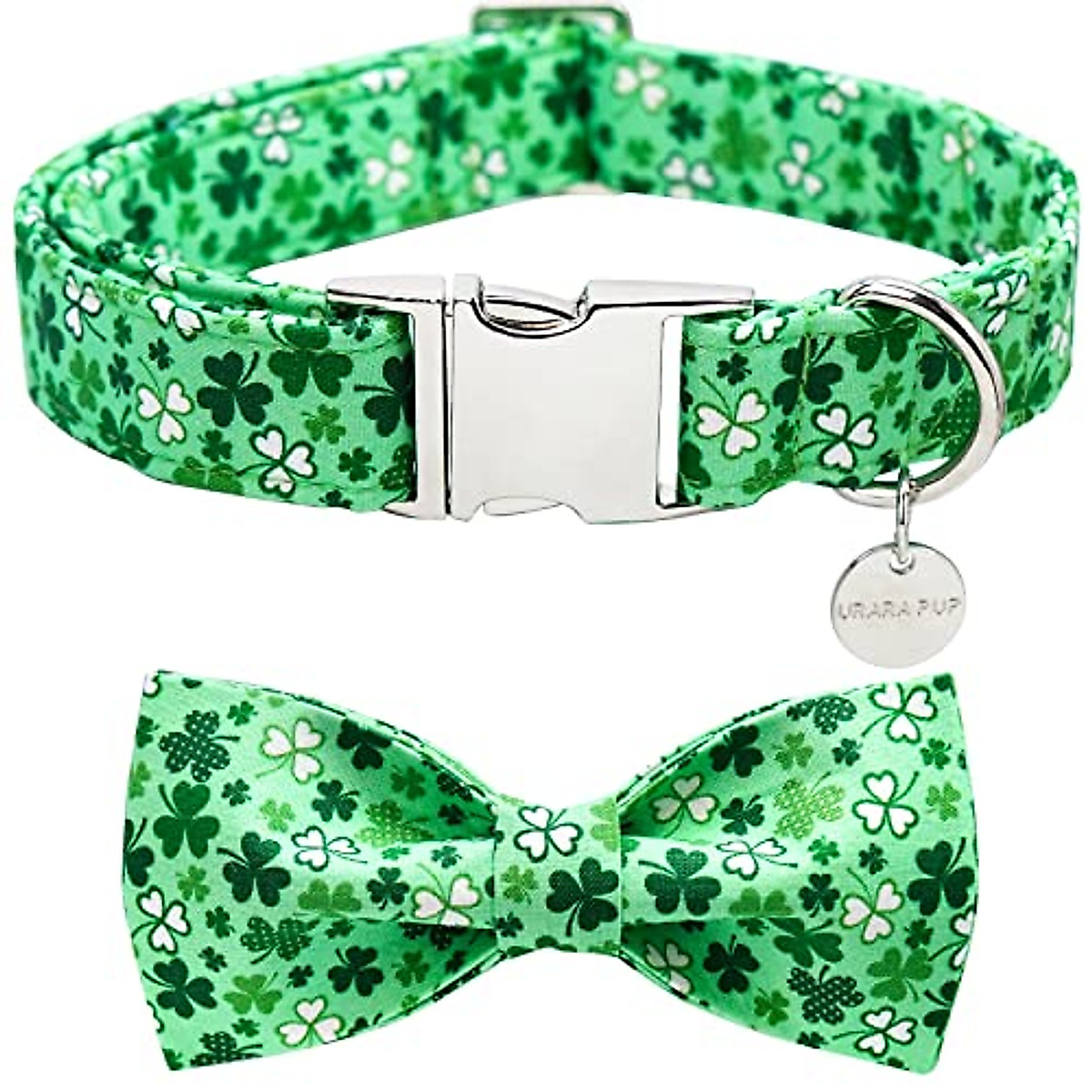 UP URARA PUP St. Patrick's Day Dog Collar with Bow Tie, Cotton St. Patrick's Day Bowtie Collar for Large Girl Boy Dog, Lucky Shamrock Dog Collar with Metal Buckle, Green, Spring, L, Neck 16-24in