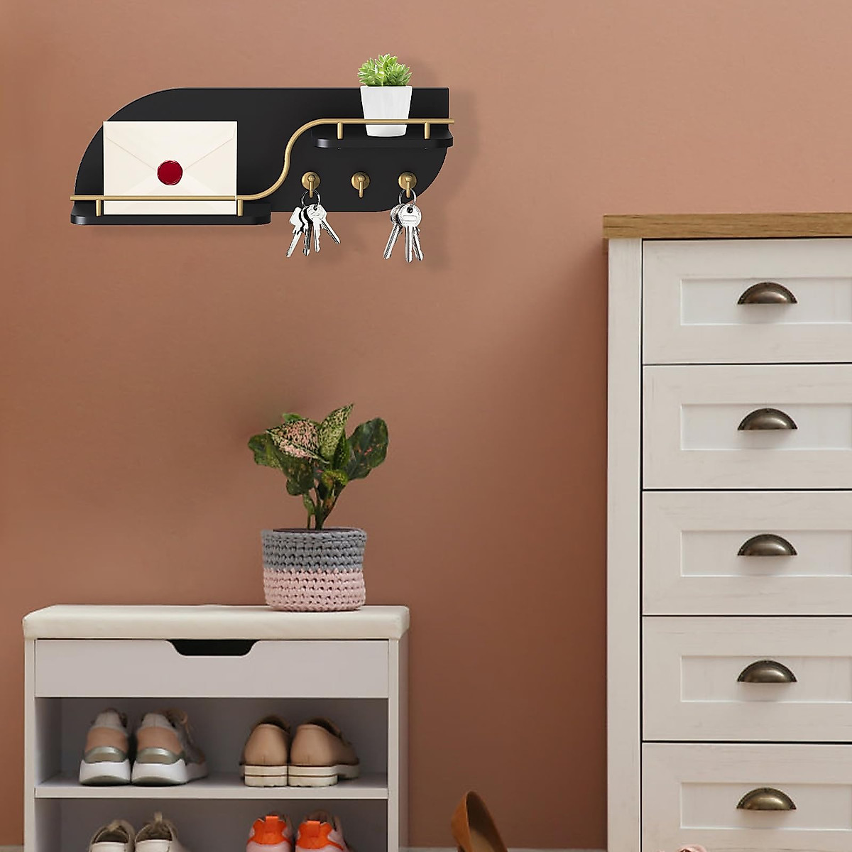 Karisky Key Holder for Wall, Decorative Key and Mail Organizer with 3 Metal Hooks and 2 shelves, Wood Wall Mounted Key Rack for Entryway, Black