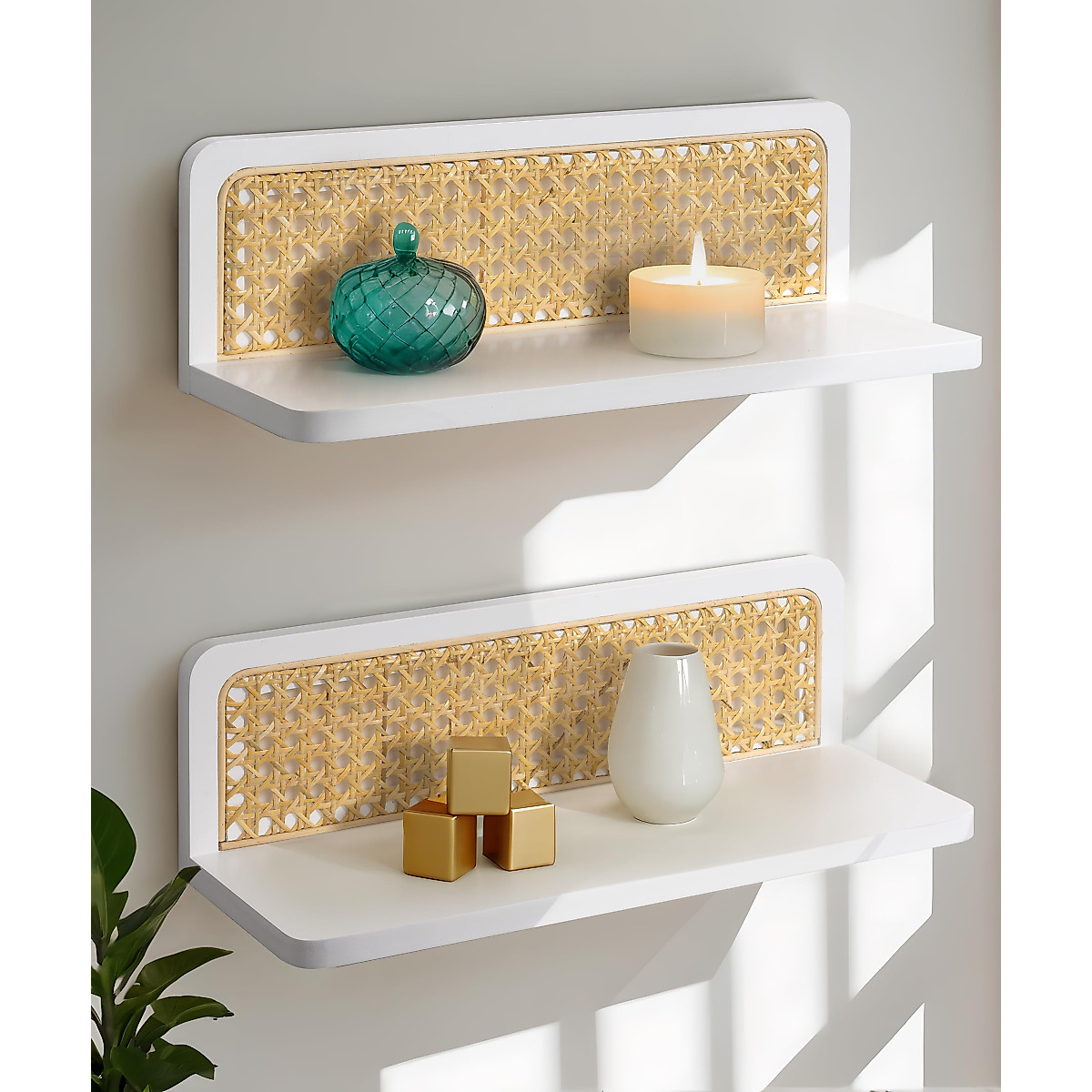 Maxpeuvon Rattan Floating Shelves, Boho Cane Webbing Wall Shelves Farmhouse Display Storage Organizer White Bookshelves Wicker Room Decor for Living Room Bedroom Entryway Hallway Bathroom, Set of 2
