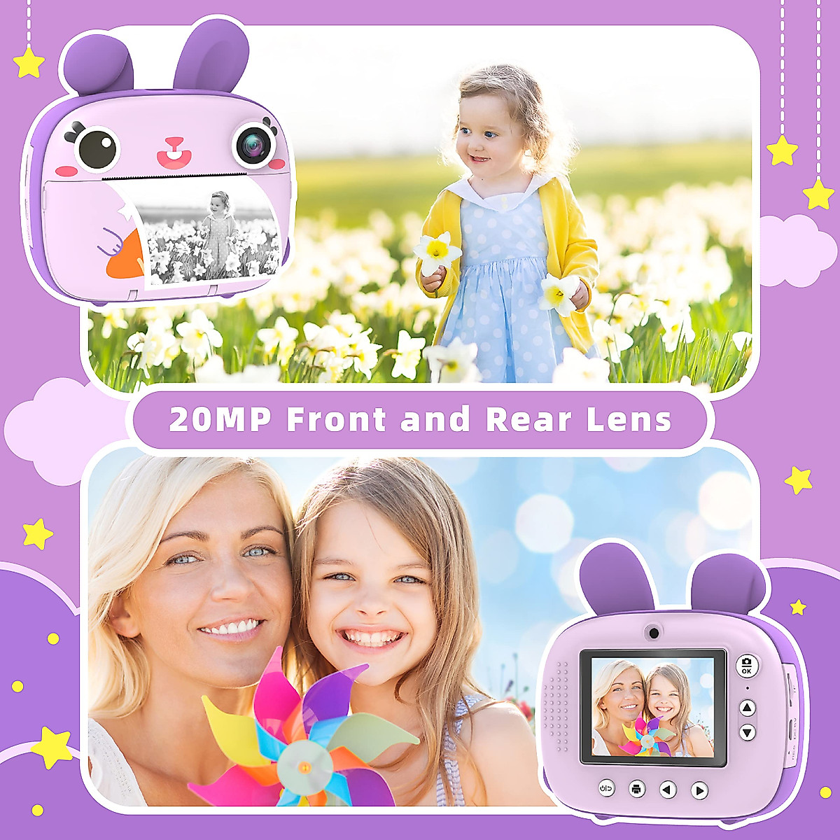 CAMCLID Instant Camera for Kids, 2.5K Kids Camera Instant Print with No Ink Print Paper & 32G Card,Selfie Digital Camera & 1080P Video Camera, Toy Gift for Girls Boys 3-12 (Purple)