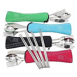 KEKLLE Set of 4 / 4 Piece Stainless Steel(Knife, Fork, Spoon, Chopsticks)Lightweight Portable Tableware,Camping/Travel/Office Lunch Cutlery Set with Carrying Cases