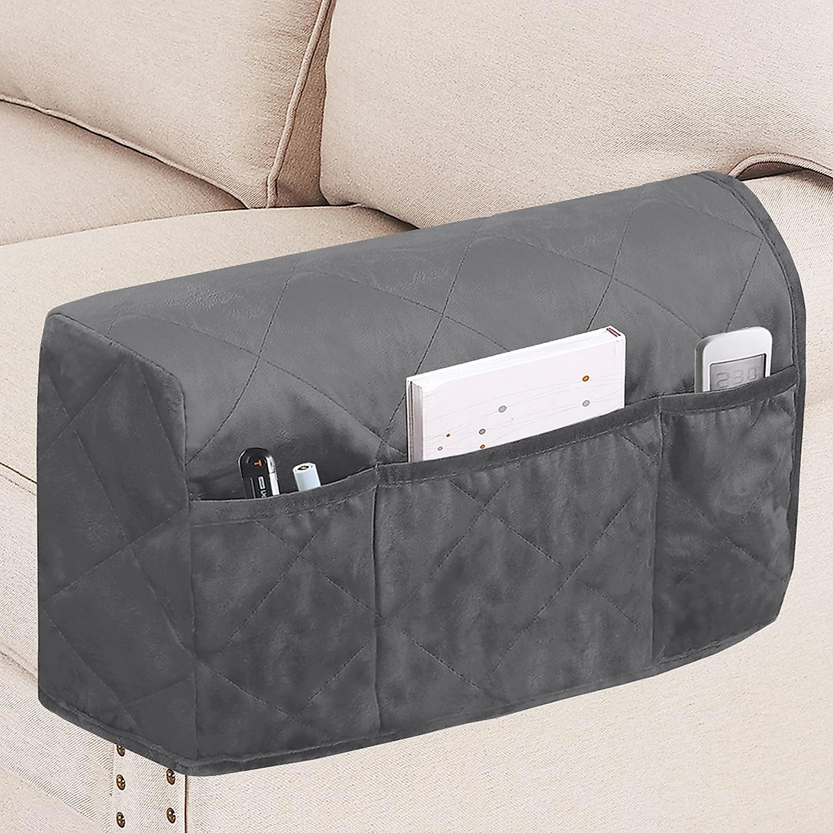 Turquoize Velvet Armrest Covers for Chairs and Sofas Couch Armrest Cover for Recliner with Side Pocket Non-Slip Arm Covers Protector for Dogs Washable Armrest Slipcovers Set of 2, Gray