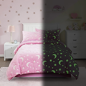HOMBYS Glow in The Dark Comforter Set 5 Piece Twin/Twin XL with Sheets, Pink Velvet Bedding Comforter Sets for Twin Bed, Ultra Soft Down Alternative Comforter for Teenage Girls Kids, Bed in a Bag