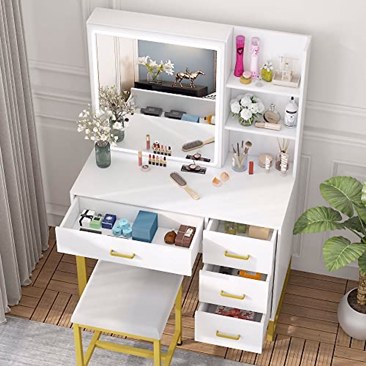 PAKASEPT Makeup Vanity with Sliding Lighted Mirror, Vanity Desk Dressing Table with 4 Drawers, White Vanity with Hidden Shelves & Cushioned Stool for Bedroom(White)