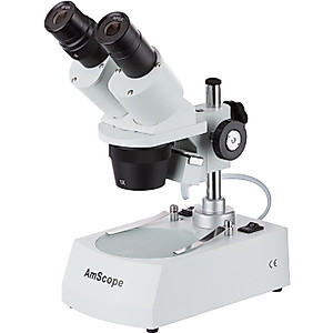 AmScope SE305R-P-LED Forward-Mounted Binocular Stereo Microscope, WF10x Eyepieces, 10X and 30X Magnification, 1X and 3X Objectives, Upper and Lower LED Lighting, Reversible Black/White Stage Plate, Pillar Stand, 120V or Battery-Powered