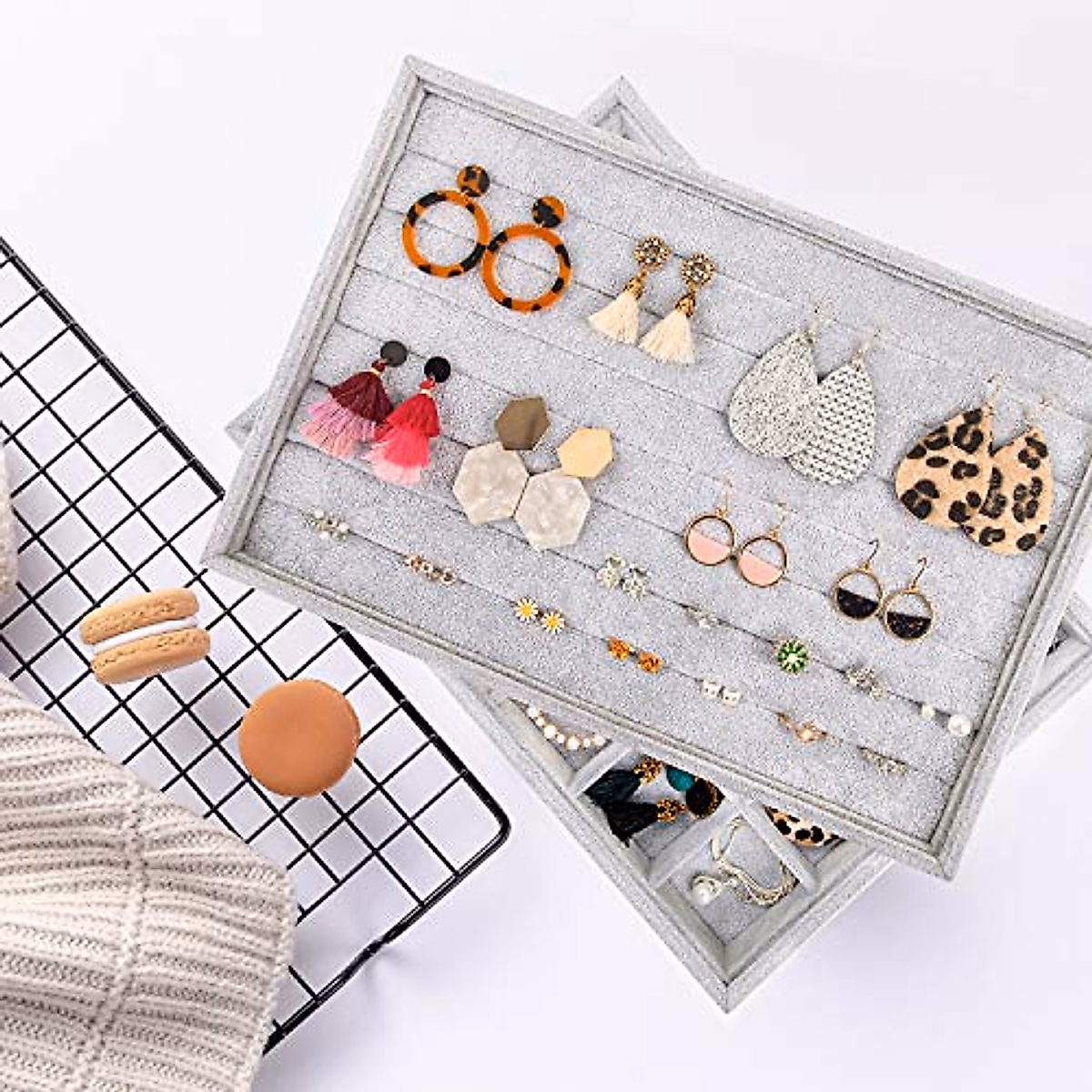 Mebbay Velvet Jewelry Trays Organizer with Clear Lid, Stackable Jewelry Storage for Drawer, Earring Necklace Bracelet Ring Organizer, Set of 3, 13.8" x 9.5" x 1.38"