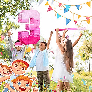 Number piñata Number Birthday piñata Decorations Gradient Pink piñata with Stick Blindfold Confetti for Girls Boys Birthday Anniversary Party Decorations Supplies (Number 3)
