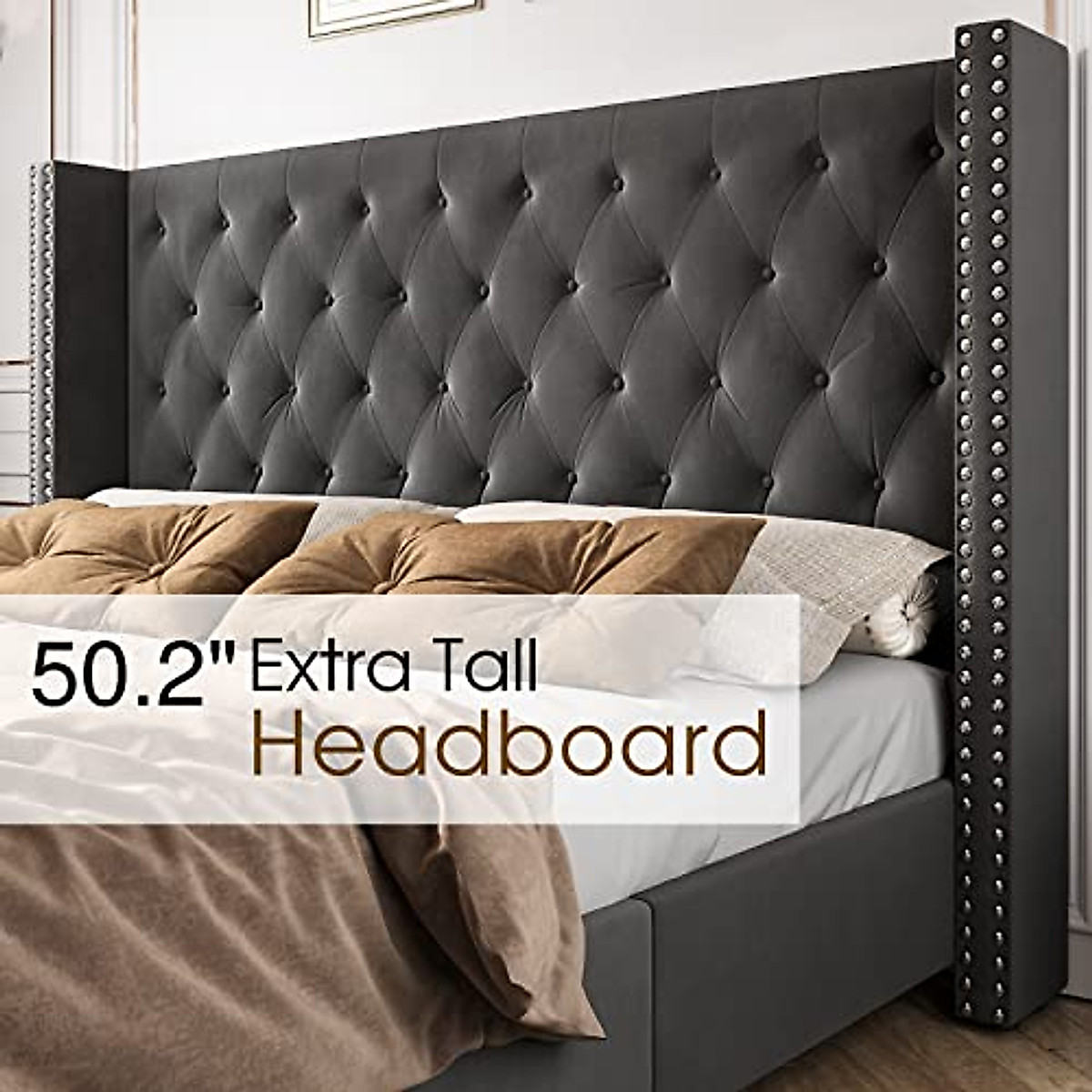 PaPaJet Tufted Upholstered Platform Bed Frame King Size Velvet Low Profile Platform Beds Raised Wingback Headboard with Strong Wooden Slats/Mattress Foundation/Easy Assembly, Dark Grey